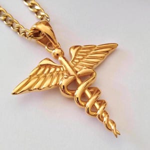 Yellow Gold Rod of Caduceus Pendant | Silver Handmade Rod of Asclepius ...