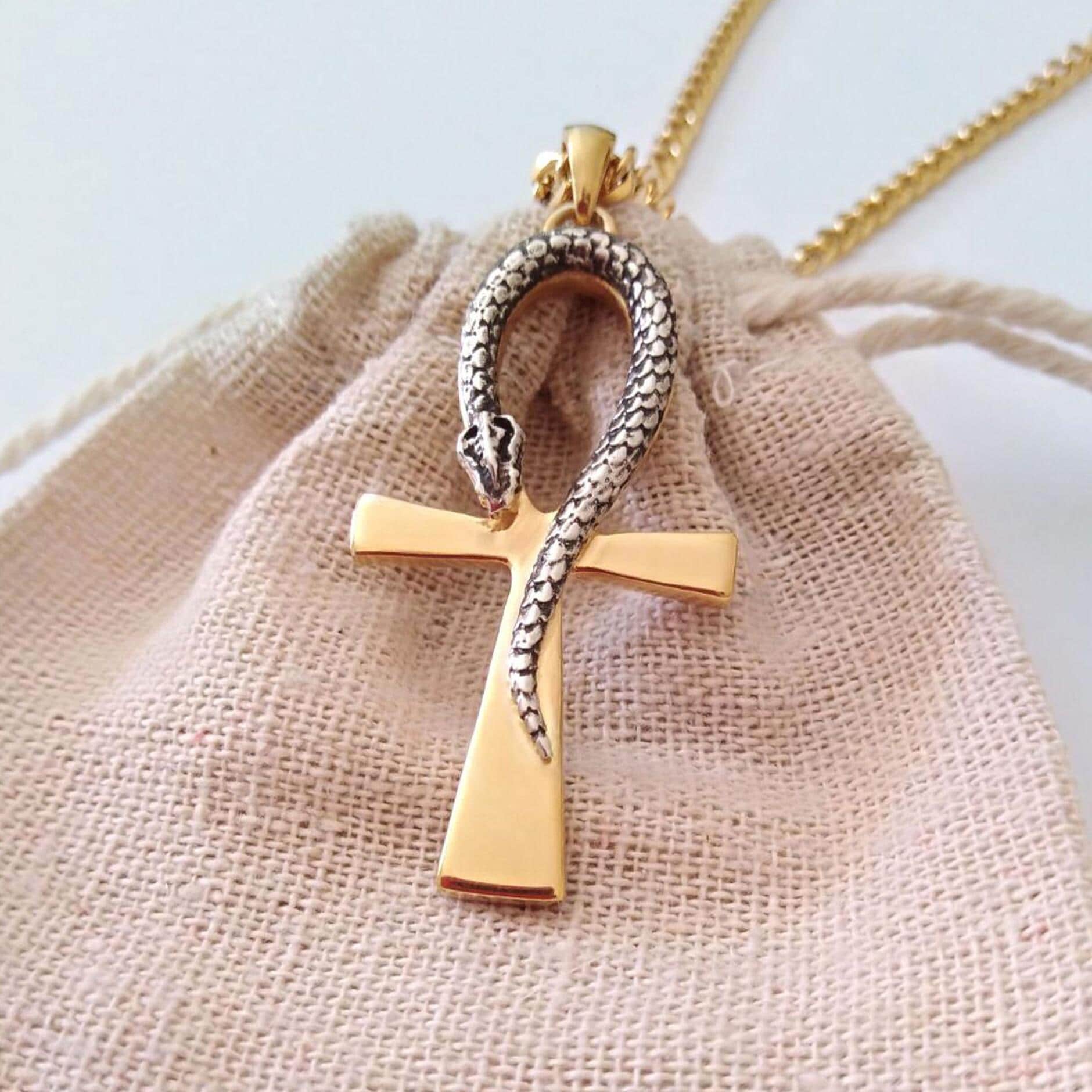 Gold Plated Ankh Cross Pendant With Snake | Silver Snake Pendant | Ankh ...