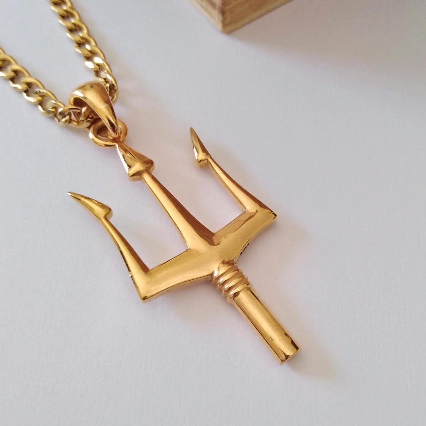 Yellow Gold Plated Trident Pendant | Handmade Silver 925 Trident ...