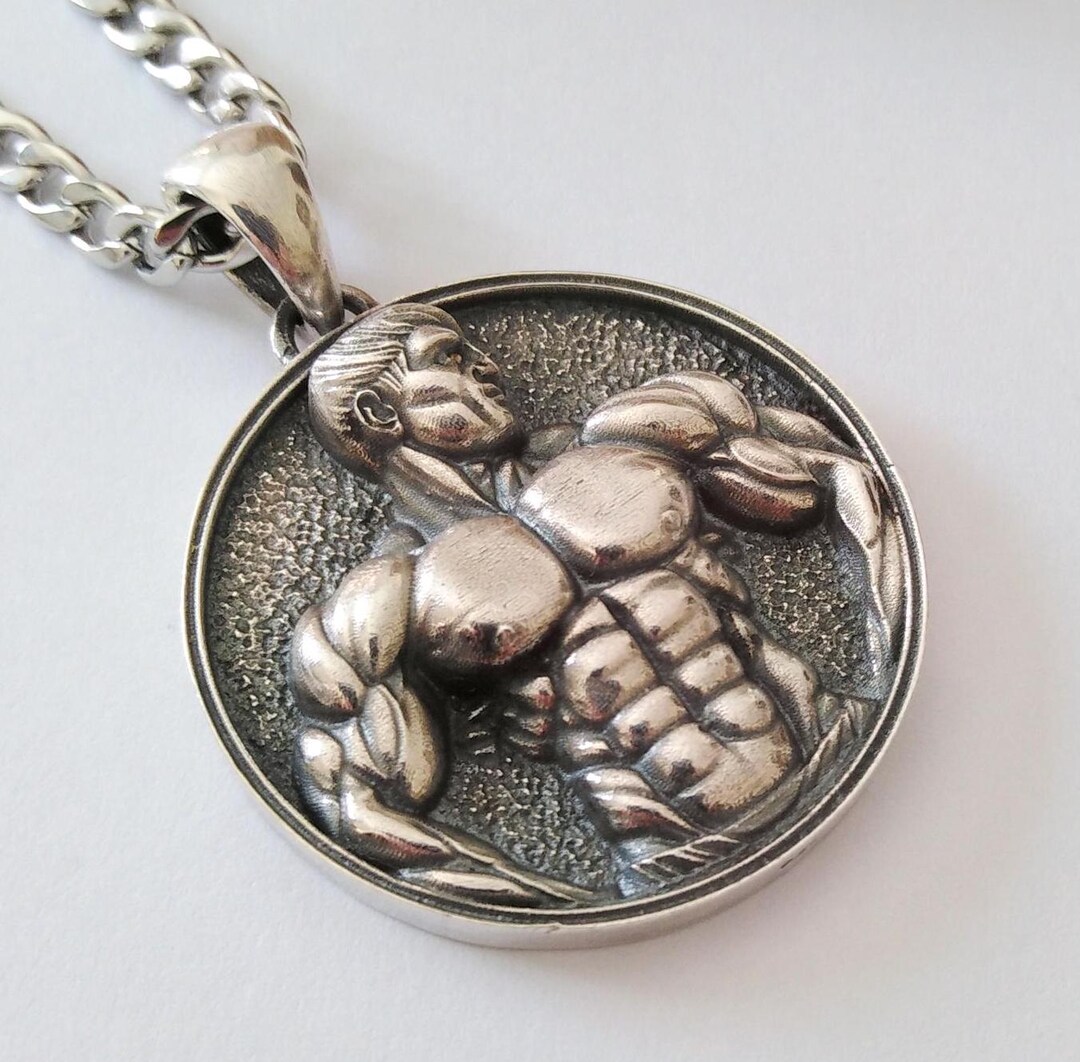 Oxidized Silver 925 Bodybuilder Pendant | Handcrafted Aged Sterling ...