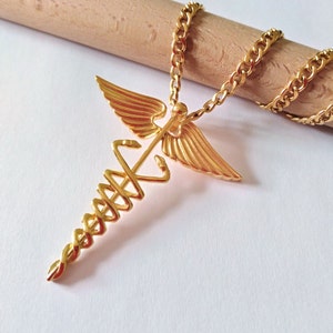 Yellow Gold Rod of Caduceus Pendant | Handmade Silver 925 Rod of ...