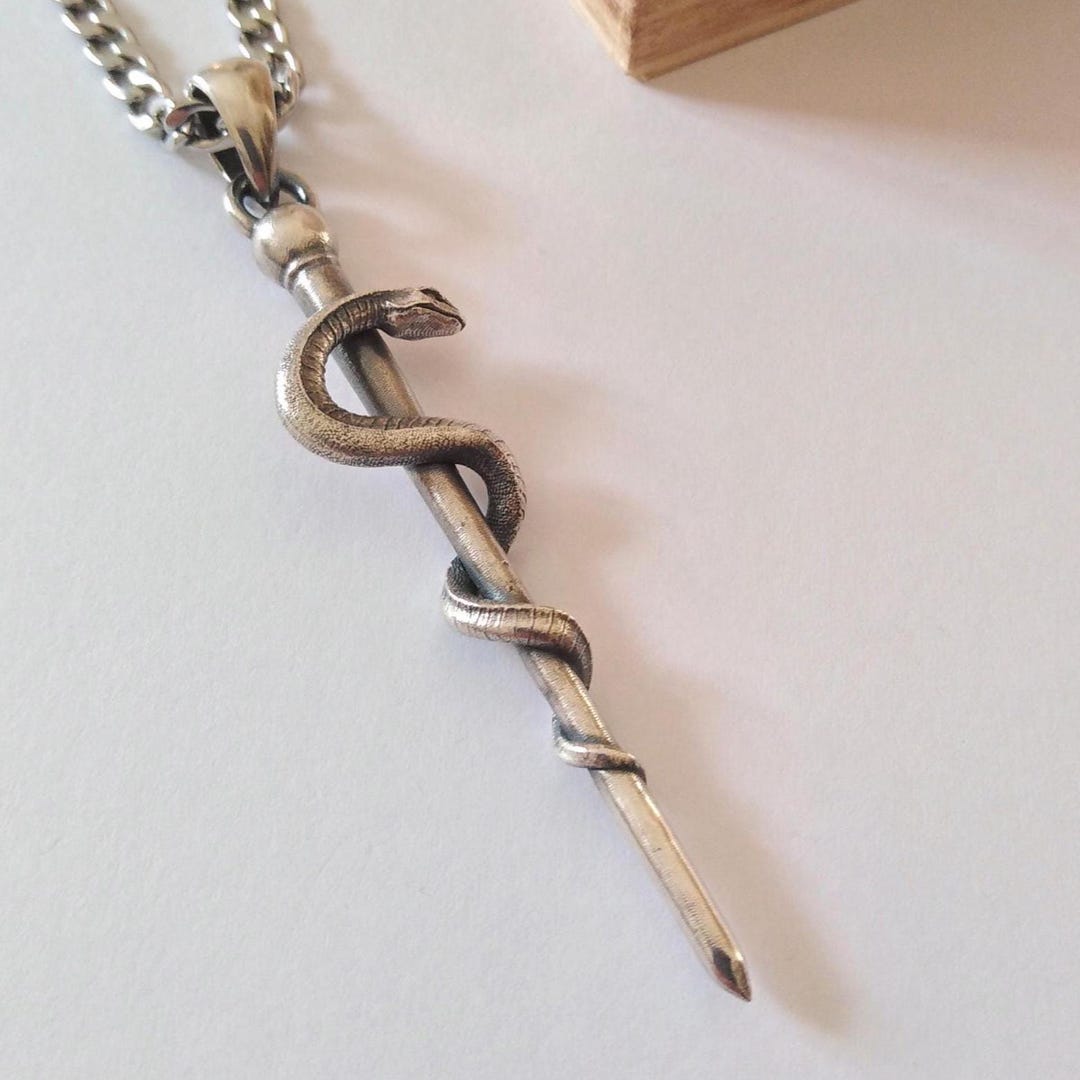 Oxidized Silver 925 Rod of Asclepius Pendant | Handcrafted Aged ...