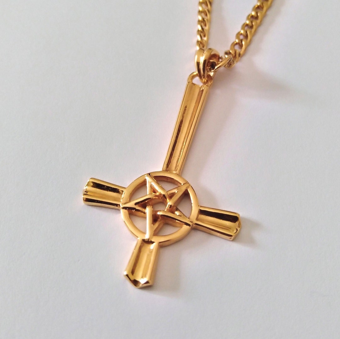 Gold Inverted Cross Pendant, Sterling Silver Pentagram Pendant, Rose ...