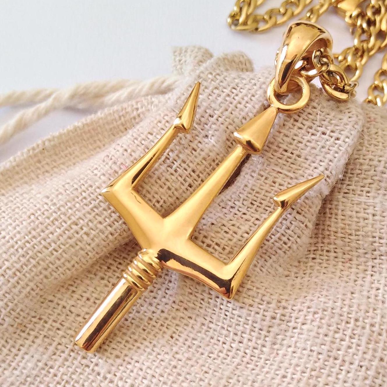 Yellow Gold Plated Trident Pendant | Handmade Silver 925 Trident ...