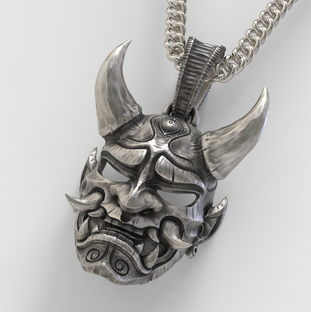 Oxidized Silver 925 Samurai Oni Pendant | Aged Silver Hannya Necklace ...