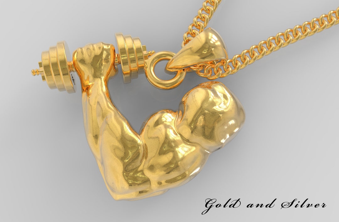 Gold Bodybuilder Pendant, Sterling Silver Dumbbell Necklace, Men's ...