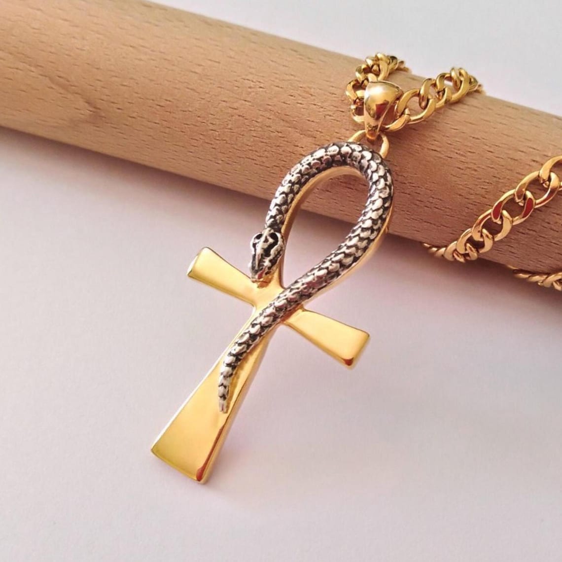 Gold Plated Ankh Cross Pendant With Snake | Silver Snake Pendant | Ankh ...