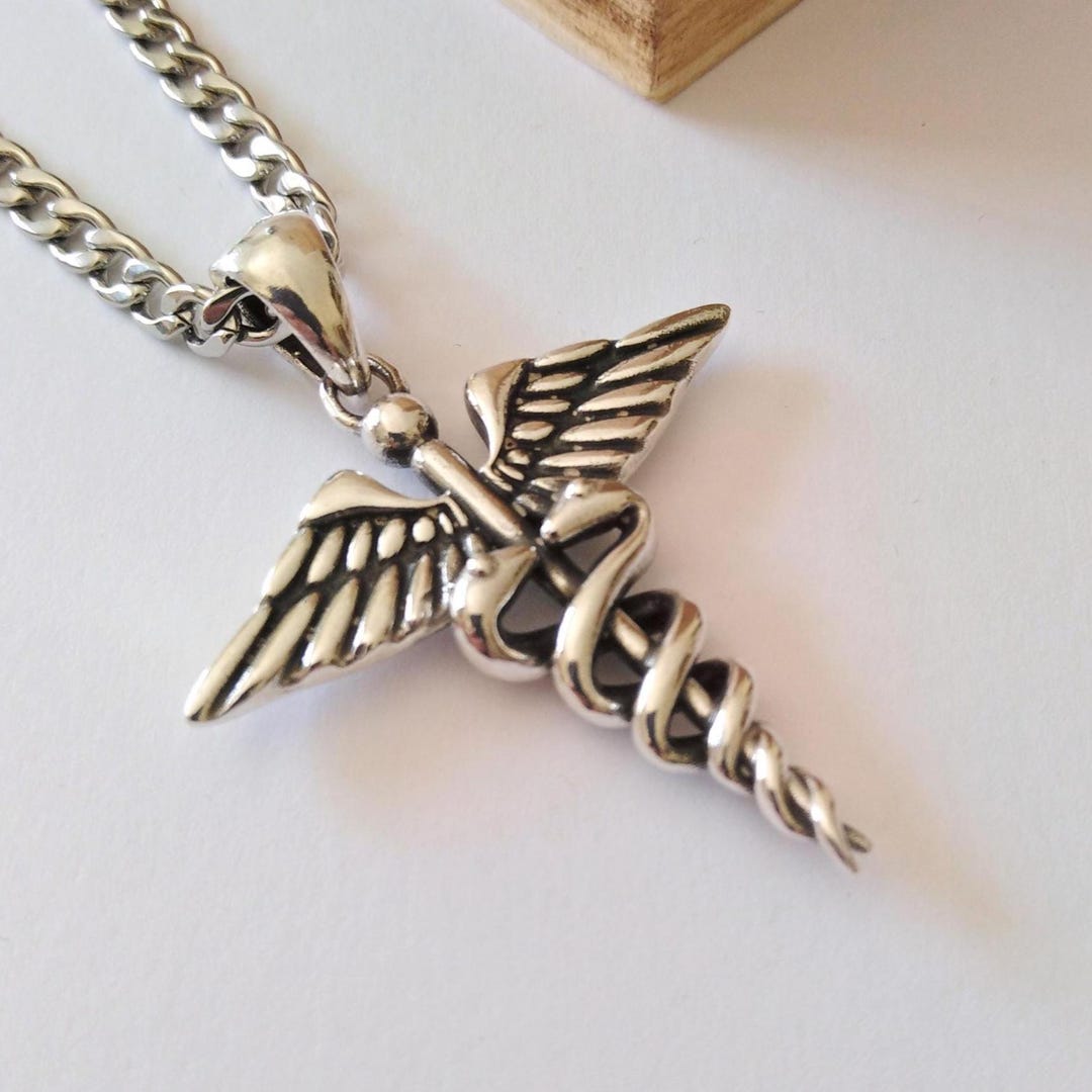 Oxidized Silver 925 Rod of Caduceus Pendant | Handcrafted Rod of ...