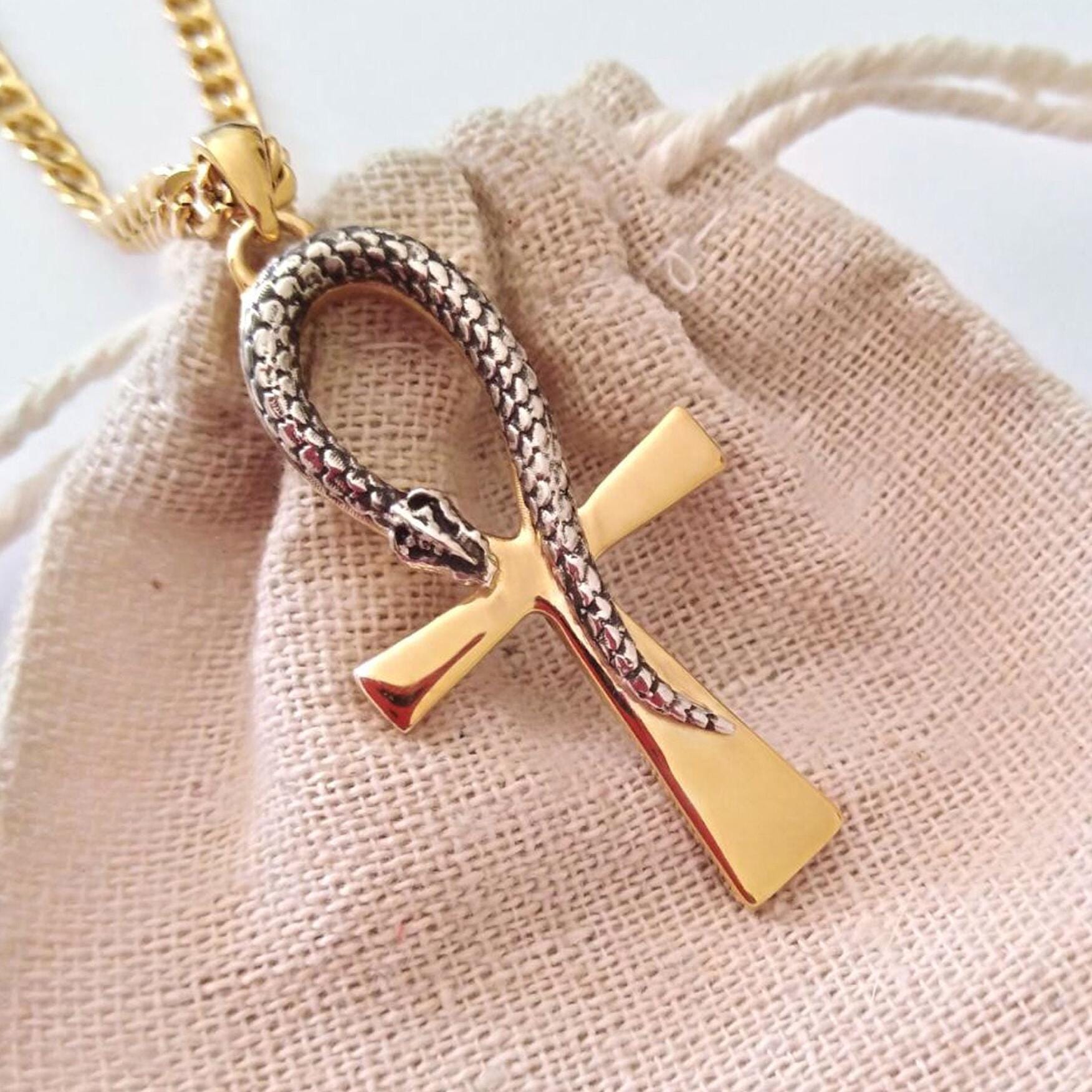 Gold Plated Ankh Cross Pendant With Snake | Silver Snake Pendant | Ankh ...