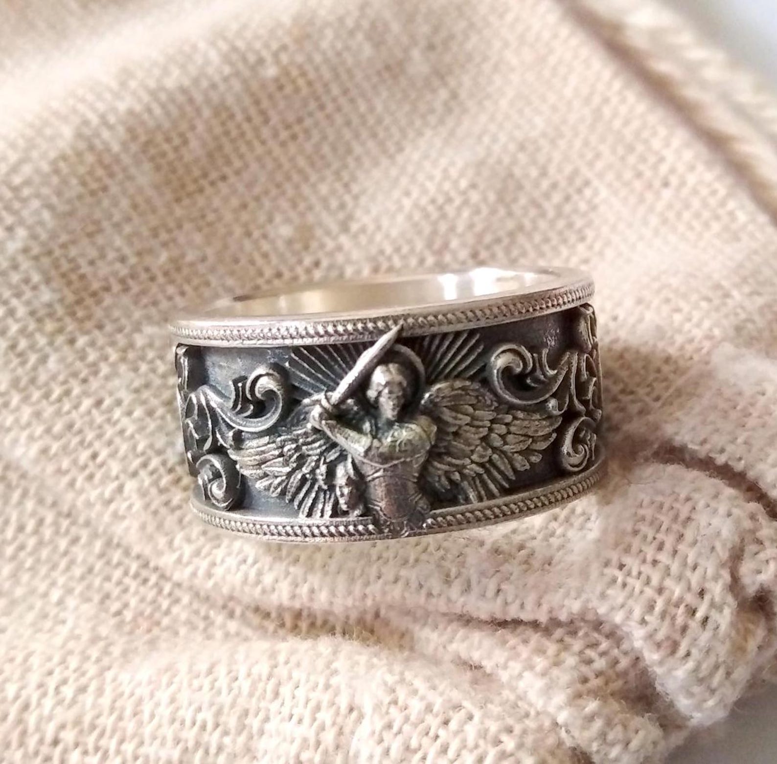 Oxidized Silver 925 St Michael Archangel Ring | Handcrafted Aged ...