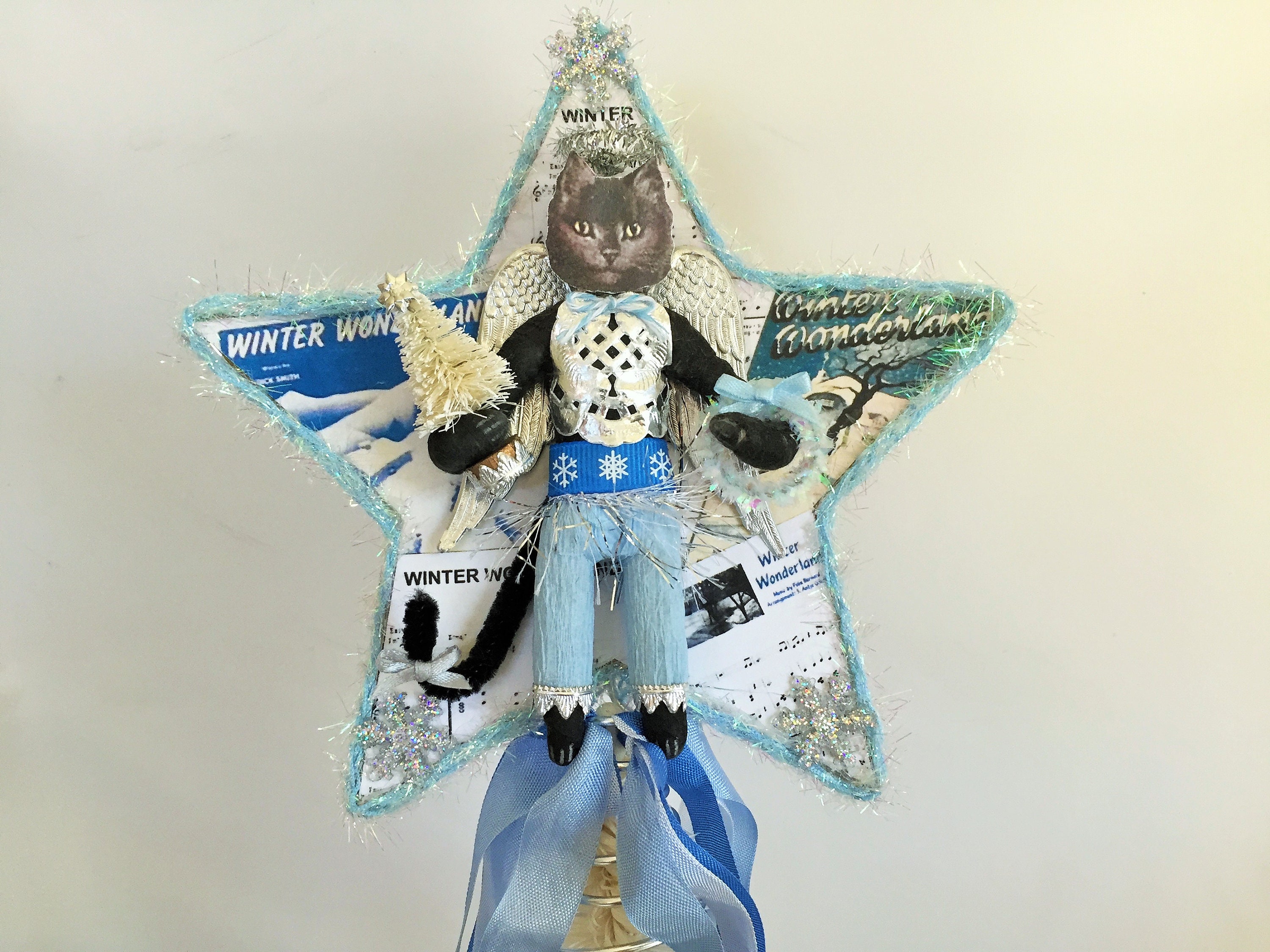 Black Cat TREE TOPPER Christmas Spun Cotton ANGEL Boy Cat Figure on 6.5 ...