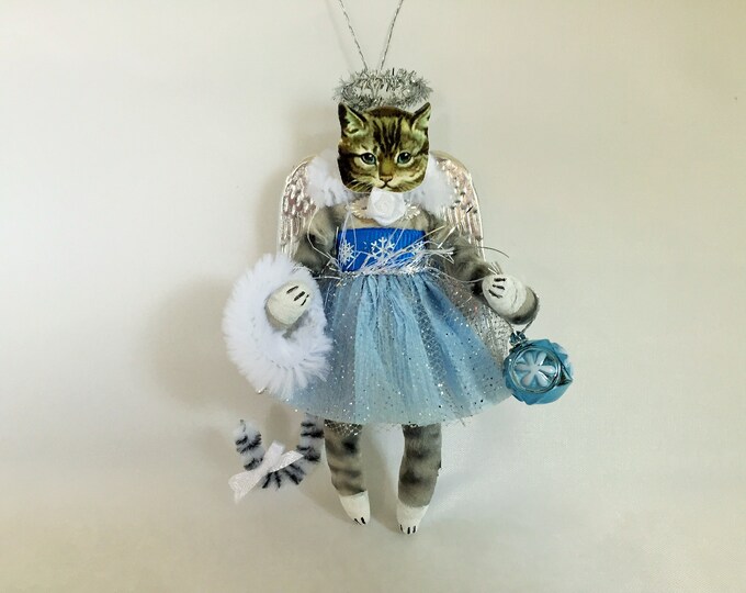 Grey Tabby Cat ANGEL Christmas Spun Cotton Blue Angel GIRL Cat Figure ...