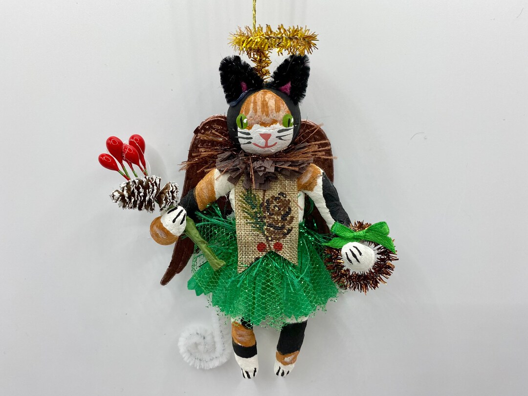 Calico CAT ANGEL 5” Christmas ORNAMENT / Spun Head Cat Ornament / Spun ...