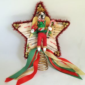 Bulldog TREE TOPPER Christmas Spun Cotton ANGEL Boy Dog Figure on 6.5 ...