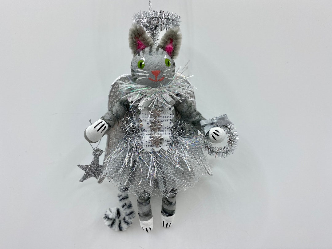 Grey Tabby CAT ANGEL 5” Christmas ORNAMENT / Spun Head Cat Ornament ...