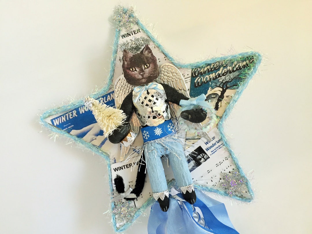 Black Cat TREE TOPPER Christmas Spun Cotton ANGEL Boy Cat Figure on 6.5 ...