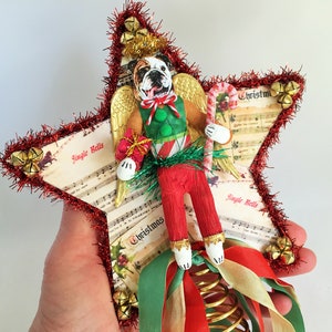 Bulldog TREE TOPPER Christmas Spun Cotton ANGEL Boy Dog Figure on 6.5 ...