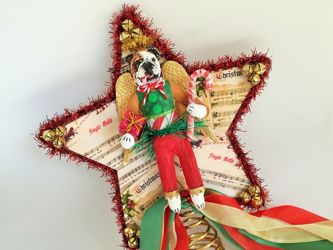 Bulldog TREE TOPPER Christmas Spun Cotton ANGEL Boy Dog Figure on 6.5 ...