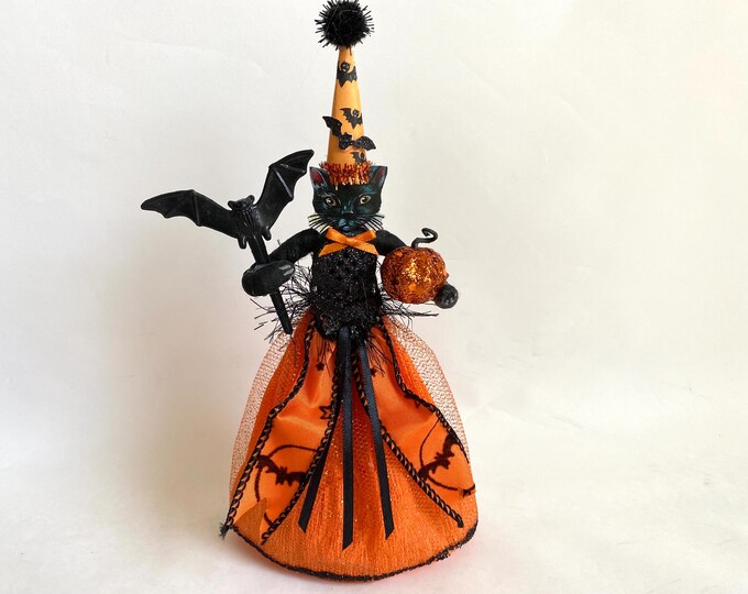 Halloween BLACK CAT W/bats Tree Topper / Figure | 8” Spun Cotton Black ...