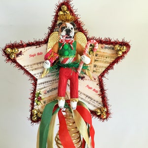 Bulldog TREE TOPPER Christmas Spun Cotton ANGEL Boy Dog Figure on 6.5 ...
