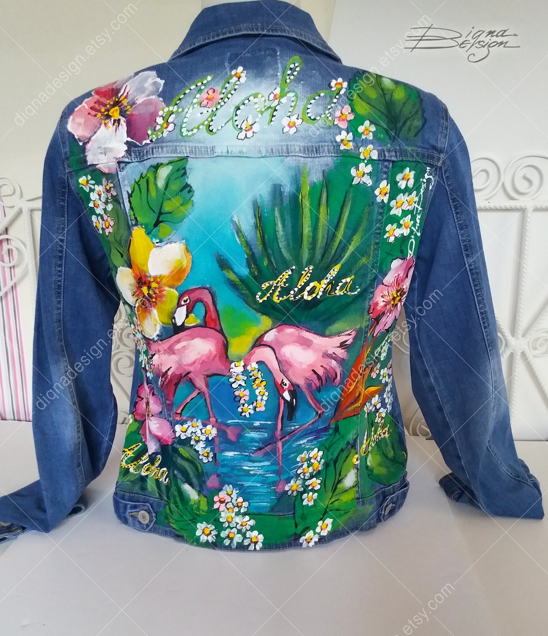 Tropical Jean Jacket, Hand Painted Jacket, Flamingo Jacket, Handpainted Aloha Jacket, Jean ...