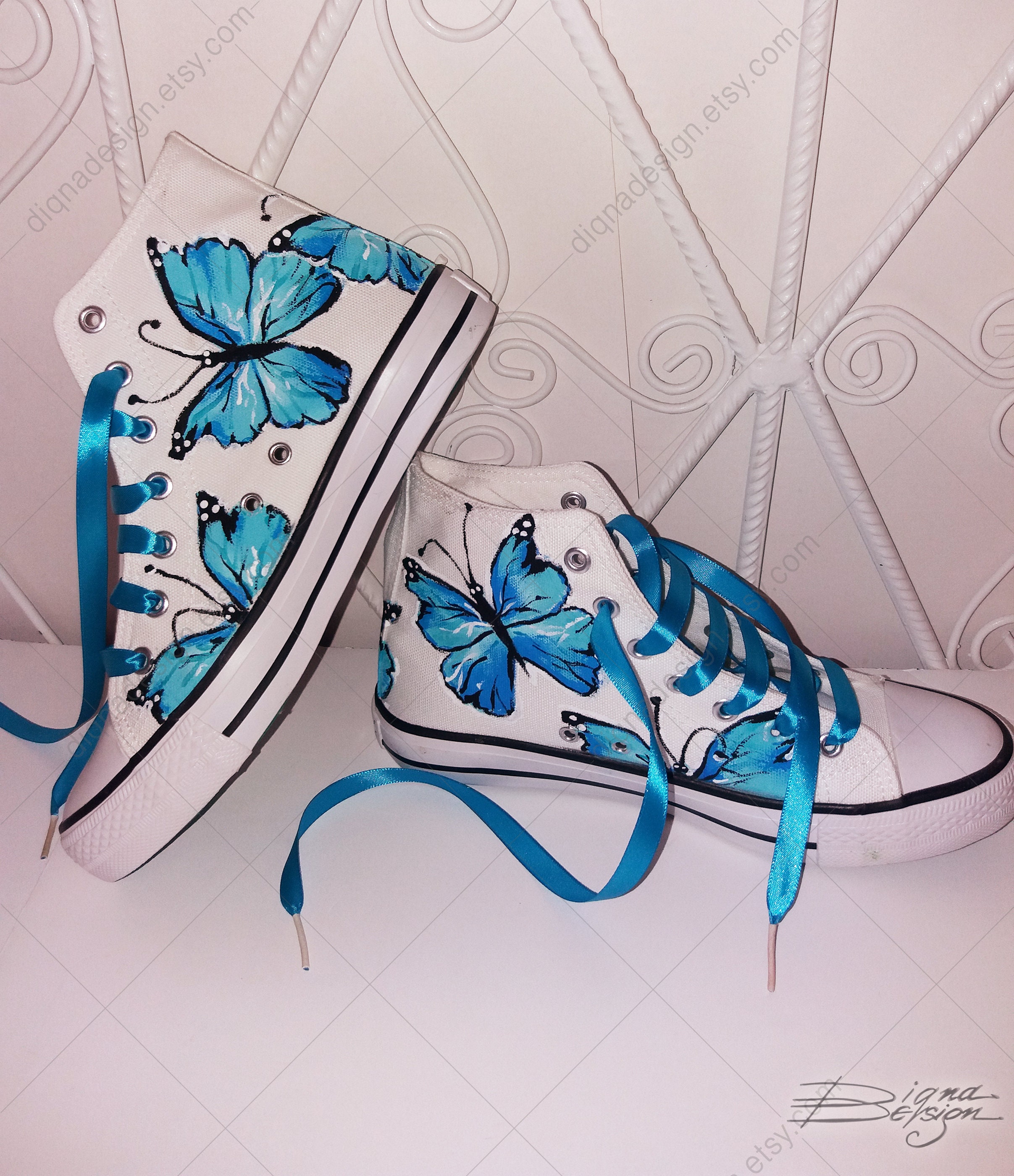 Hand Painted Butterfly Hi-tops: Blue & White Sneakers - Etsy
