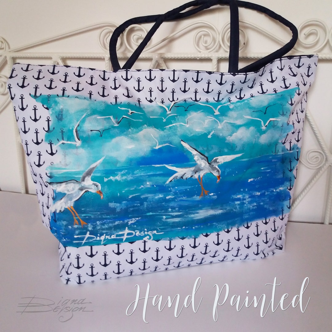 Sea Bag, Hand Painted Bag, Sea Handbag, Seagull Bag, Summer Handpainted ...