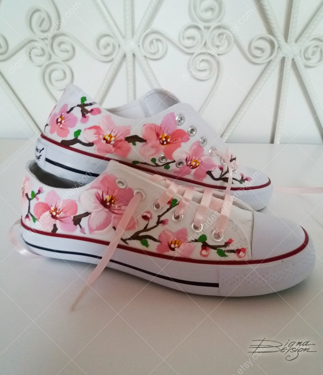 Cherry Blossoms Sneakers, Hand Painted Sakura Shoes, Japanese Sakura ...