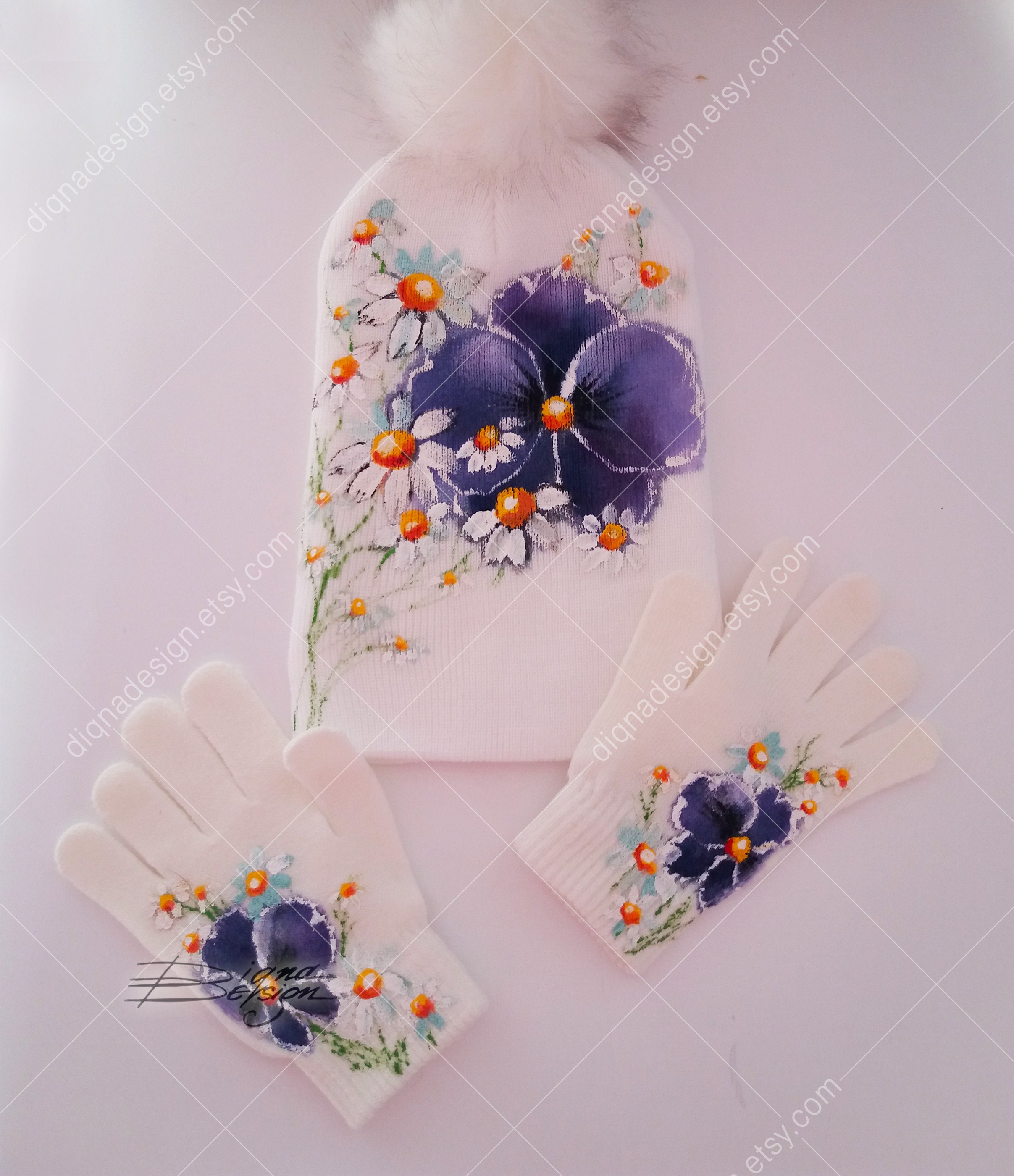 Hat and Gloves Set Hand Painted Hat Violets Set Winter Hat | Etsy