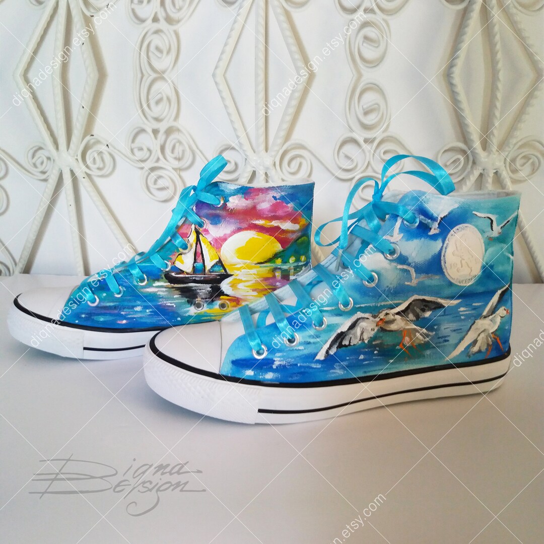 Sea Sneakers, Hand Painted Hi Tops, Sea Shoes, Sunset High Top Shoes ...