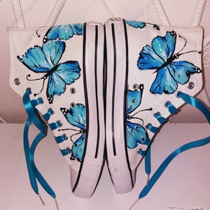 Butterfly Hi Tops, Hand Painted Hi-tops, Blue-white High Tops, Blue and ...