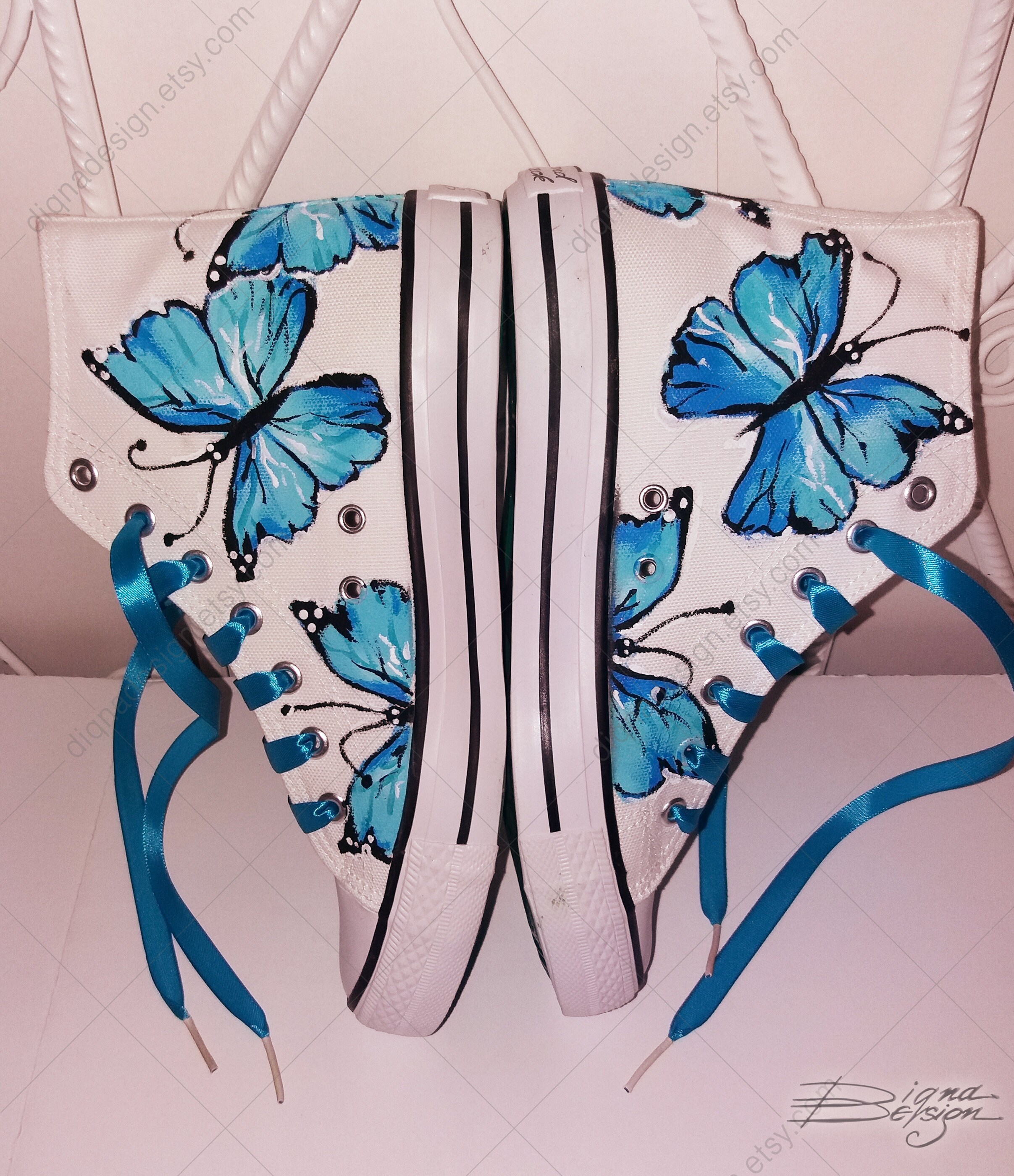 Hand Painted Butterfly Hi-tops: Blue & White Sneakers - Etsy