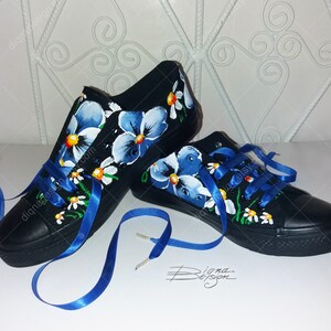 Violets Sneakers, Violet Flowers Shoes, Hand Painted Shoes, Black and ...