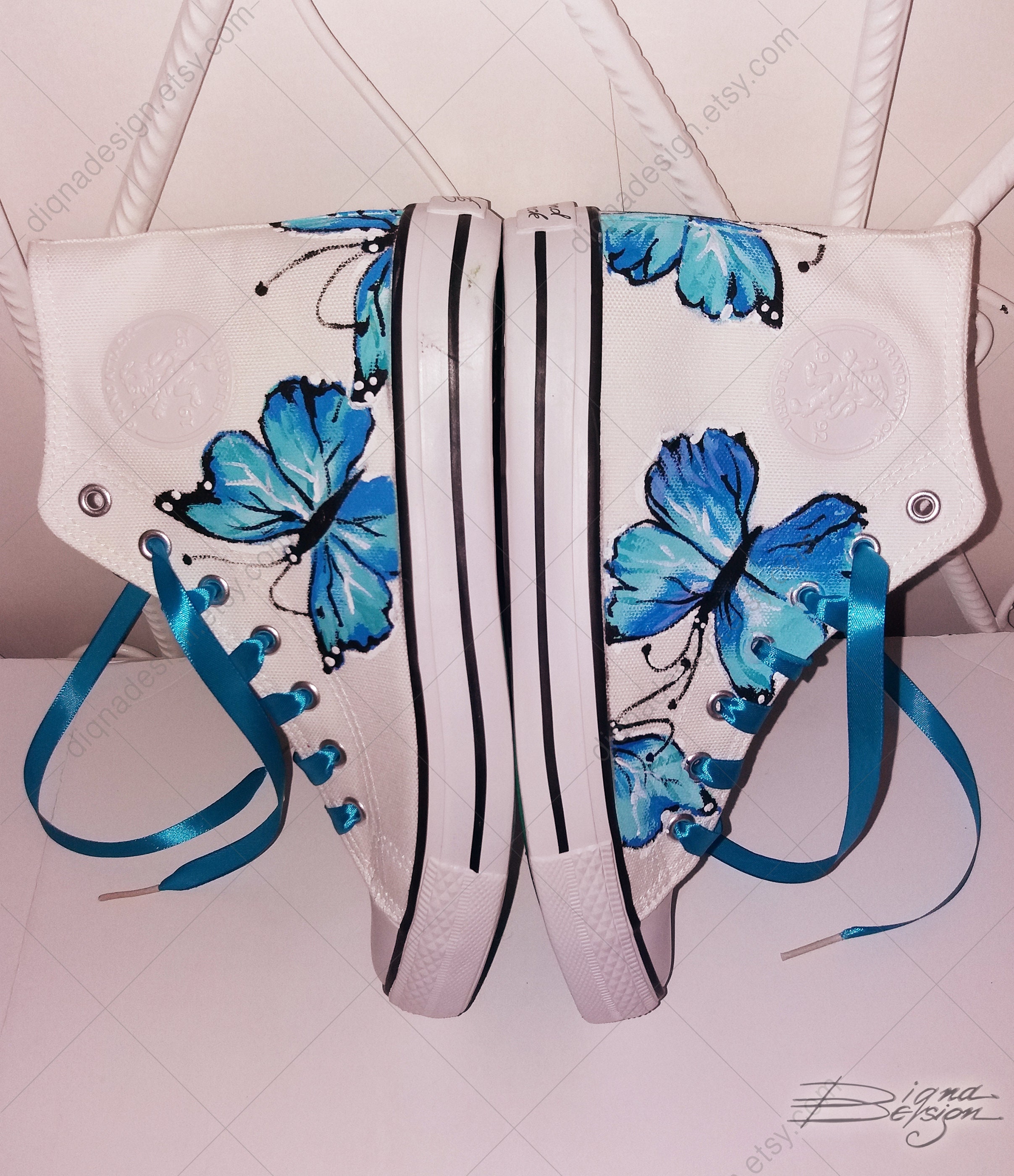 Hand Painted Butterfly Hi-tops: Blue & White Sneakers - Etsy