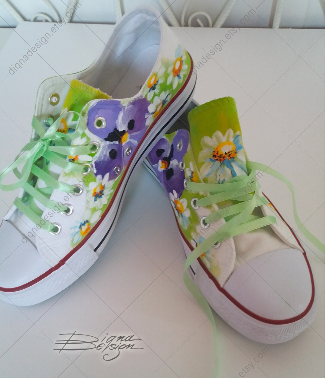 Hand Painted Violets and Daisies Sneakers, Hanpainted Sneakers, Violets ...
