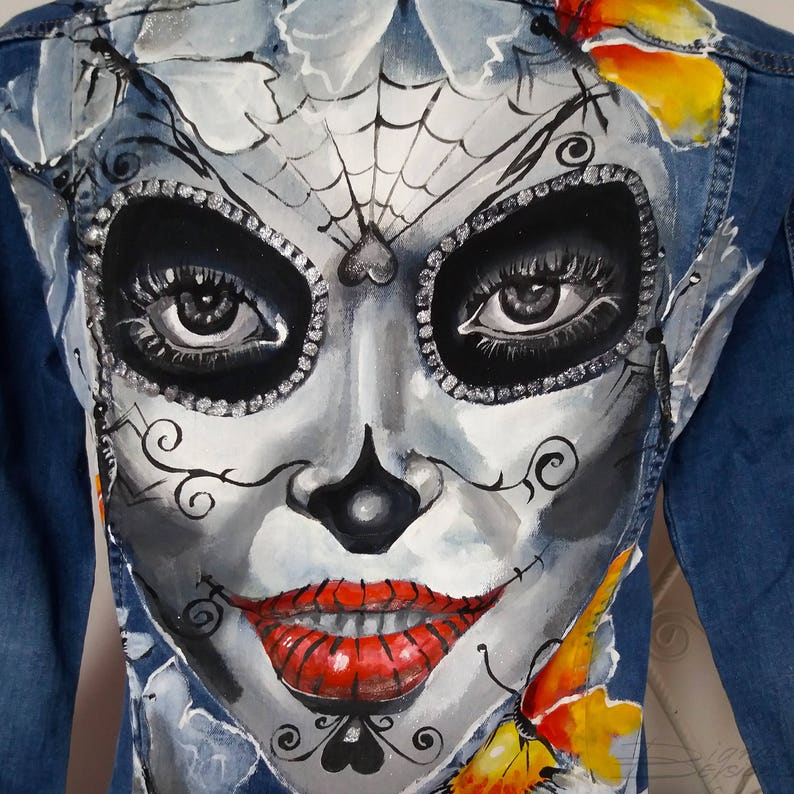 Hand painted Jean Jacket Sugar Skull Jacket Skull Jacket | Etsy