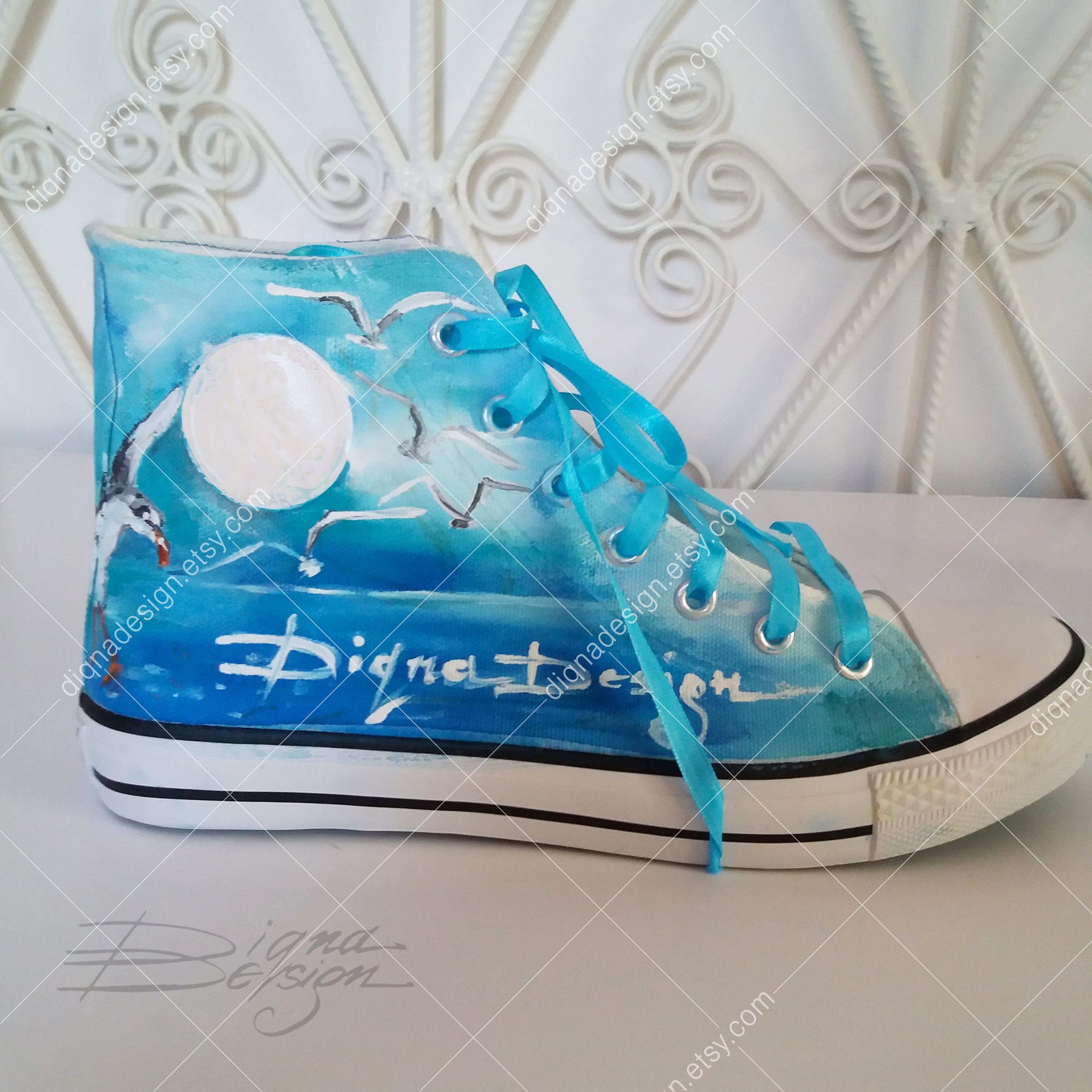 Sea Sneakers Hand Painted Hi Tops Sea Shoes Sunset High Top - Etsy