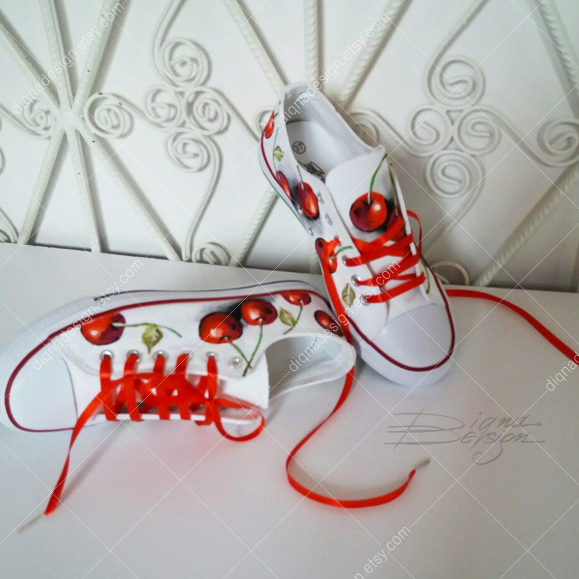 CHERRY ART Hadpainted Shoes Cherries Shoes Cherry Sneakers - Etsy UK