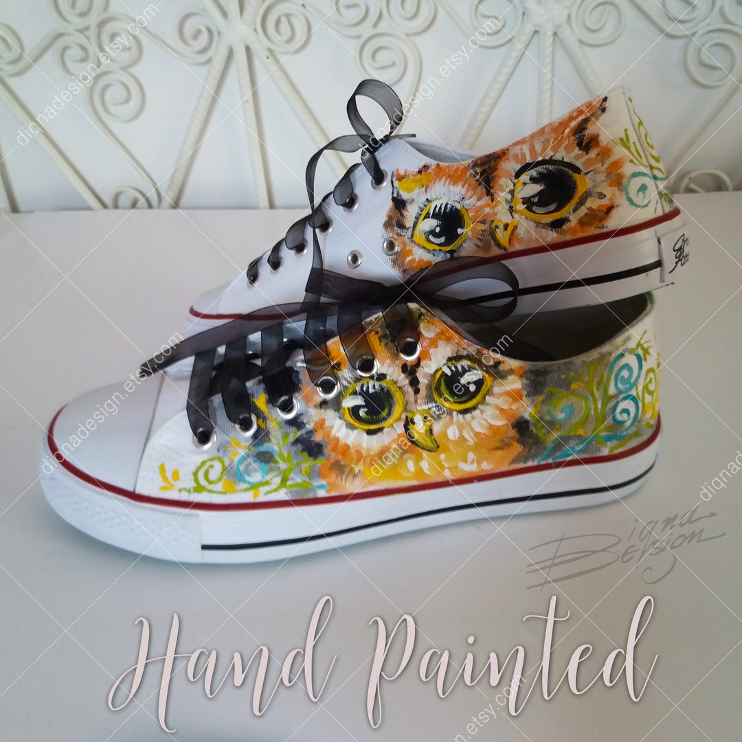 Owl Sneakers, Hand Painted Shoes, Owls Footwear, Animal Sneakers, Owl ...