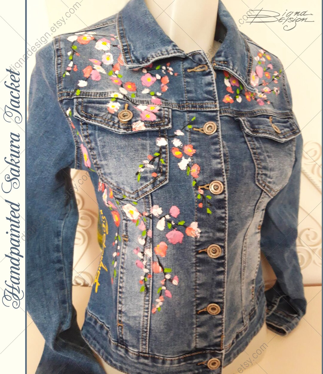 Floral Jean Jacket, Handpainted Flowers Jacket, Red Flowers Jacket ...