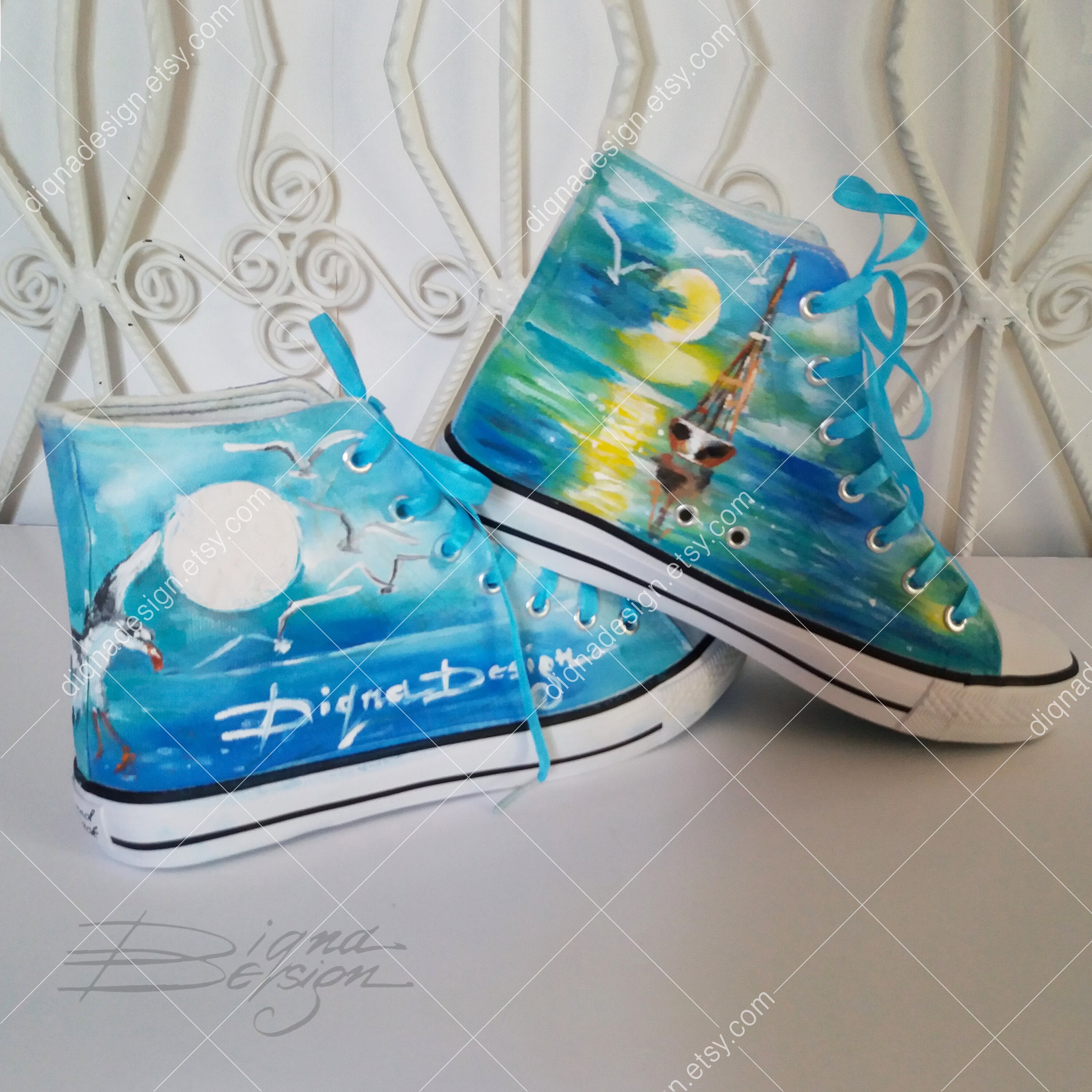 Sea Sneakers Hand Painted Hi Tops Sea Shoes Sunset High Top - Etsy