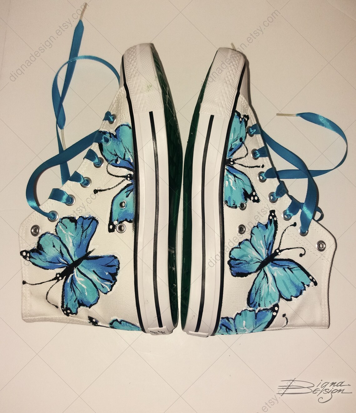 Hand Painted Butterfly Hi-tops: Blue & White Sneakers - Etsy