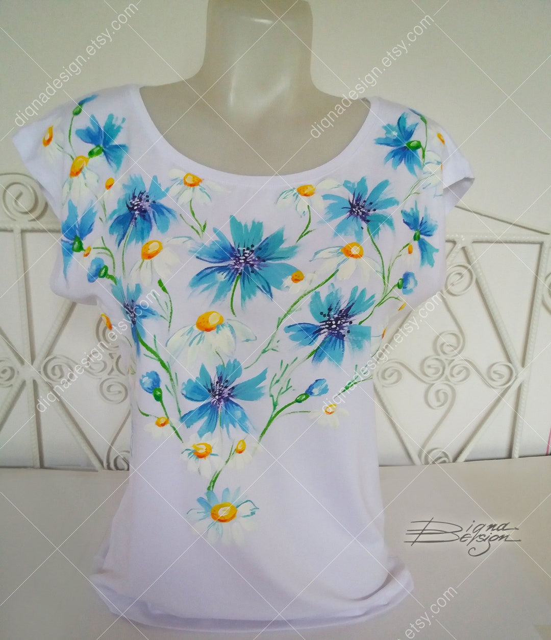 Hand-painted Cornflower T-shirt: Floral Art Top - Etsy