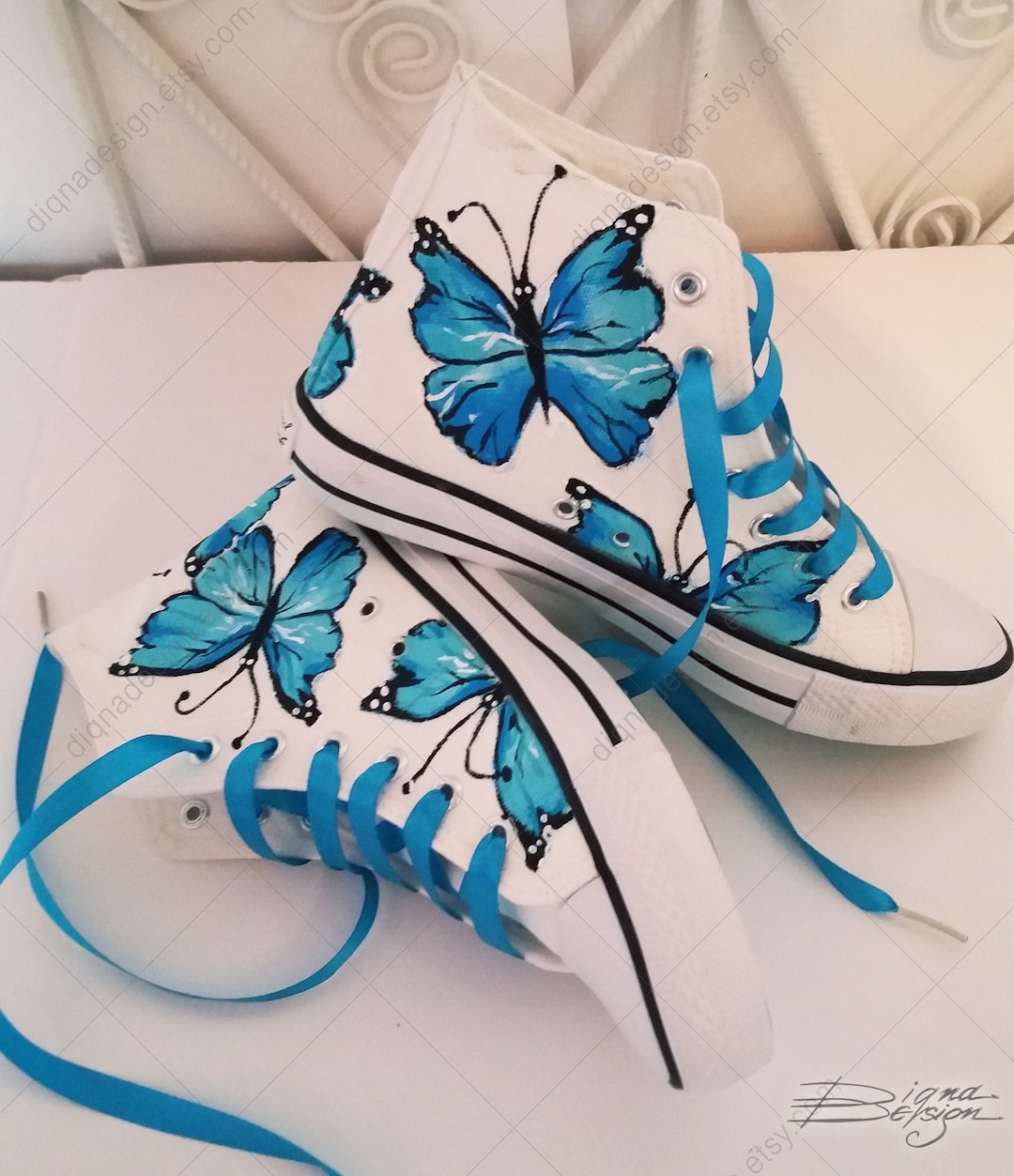 Butterfly Hi Tops, Hand Painted Hi-tops, Blue-white High Tops, Blue and ...