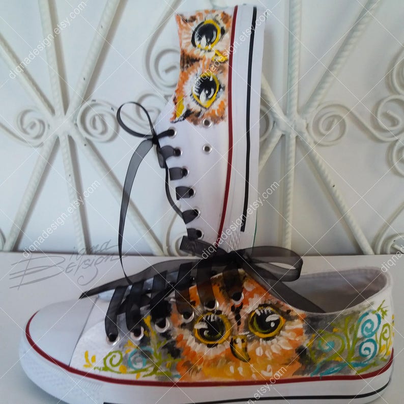 Owl Sneakers Hand Painted Shoes Owls Footwear Animal | Etsy