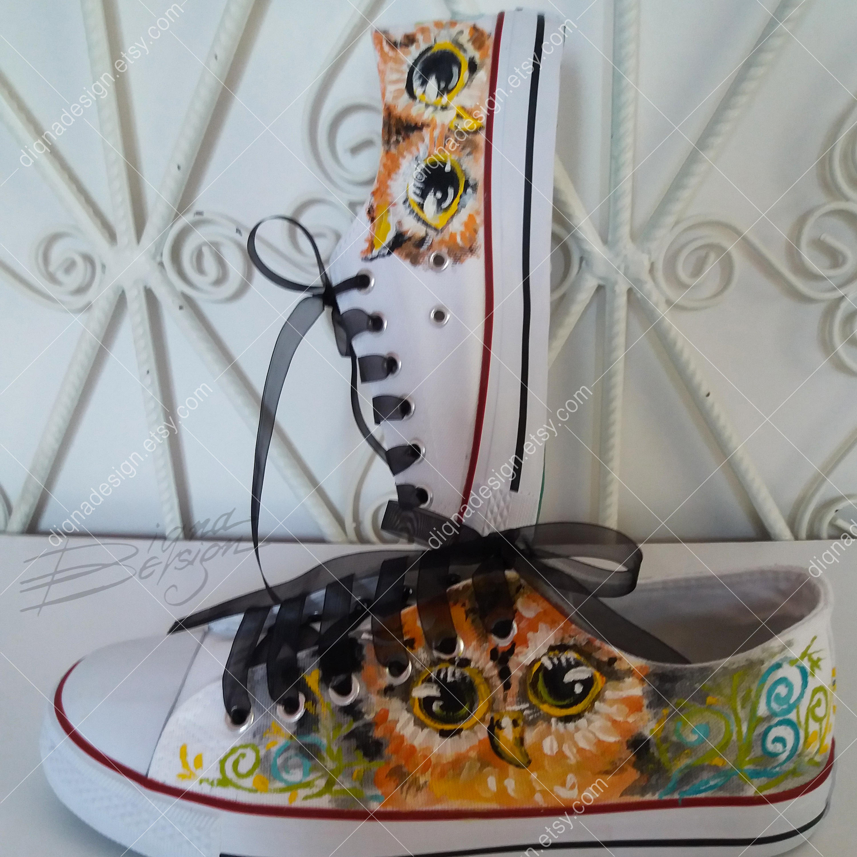 Owl Sneakers Hand Painted Shoes Owls Footwear Animal | Etsy