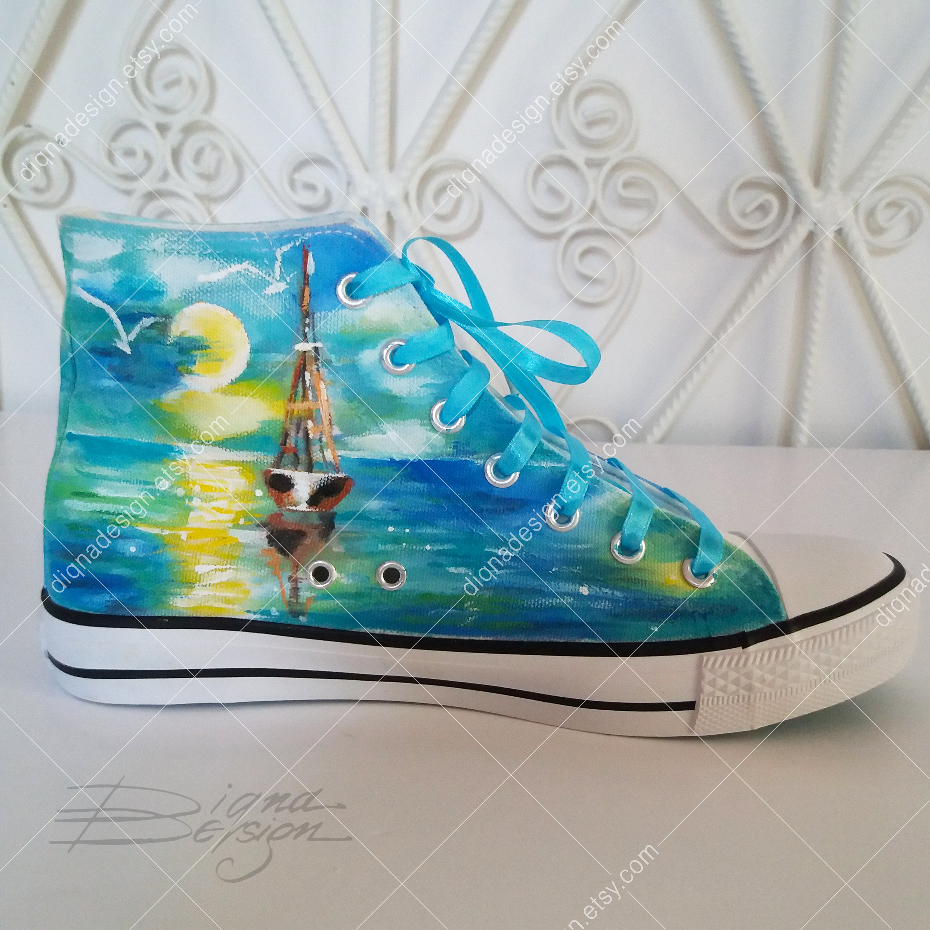 Sea Sneakers Hand Painted Hi Tops Sea Shoes Sunset High Top - Etsy