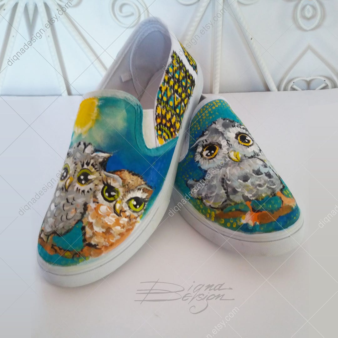 Owl Slip Ons, Hadpainted Shoes, Mandala Slip on Shoes, Hand Painted ...