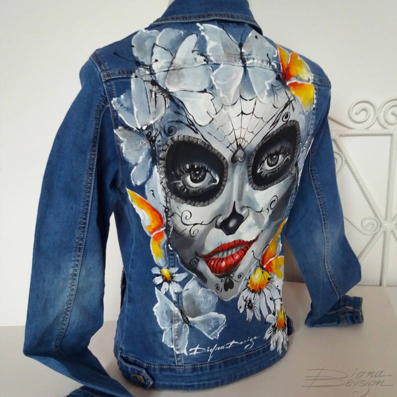 Hand painted Jean Jacket Sugar Skull Jacket Skull Jacket | Etsy