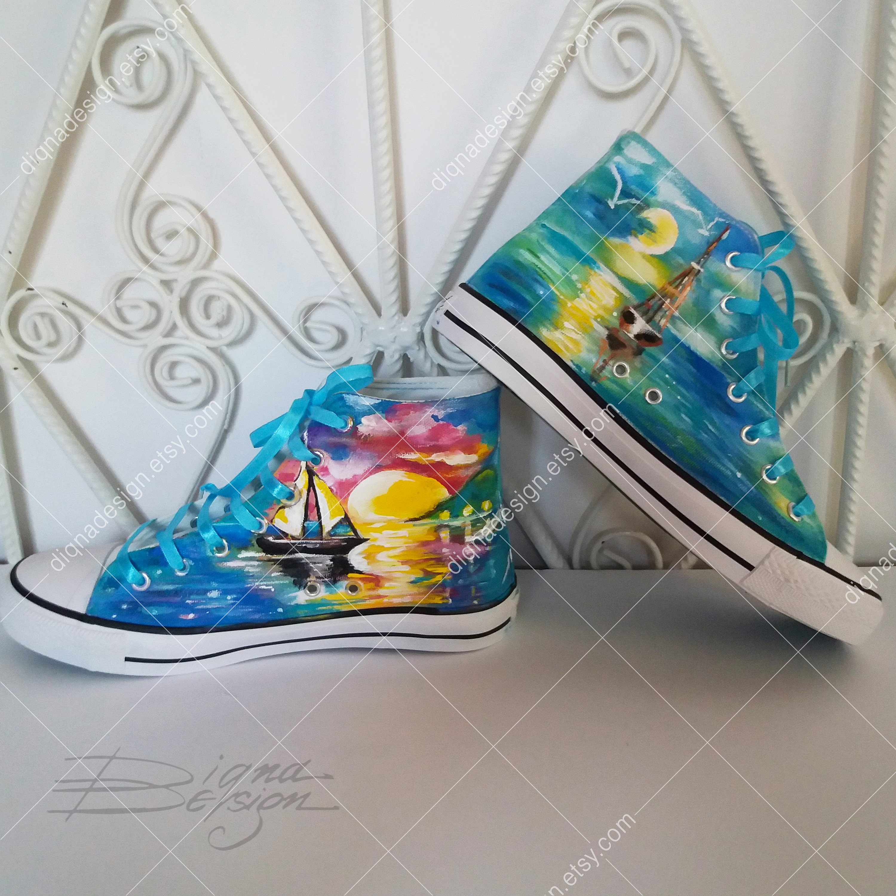 Sea Sneakers Hand Painted Hi Tops Sea Shoes Sunset High Top - Etsy